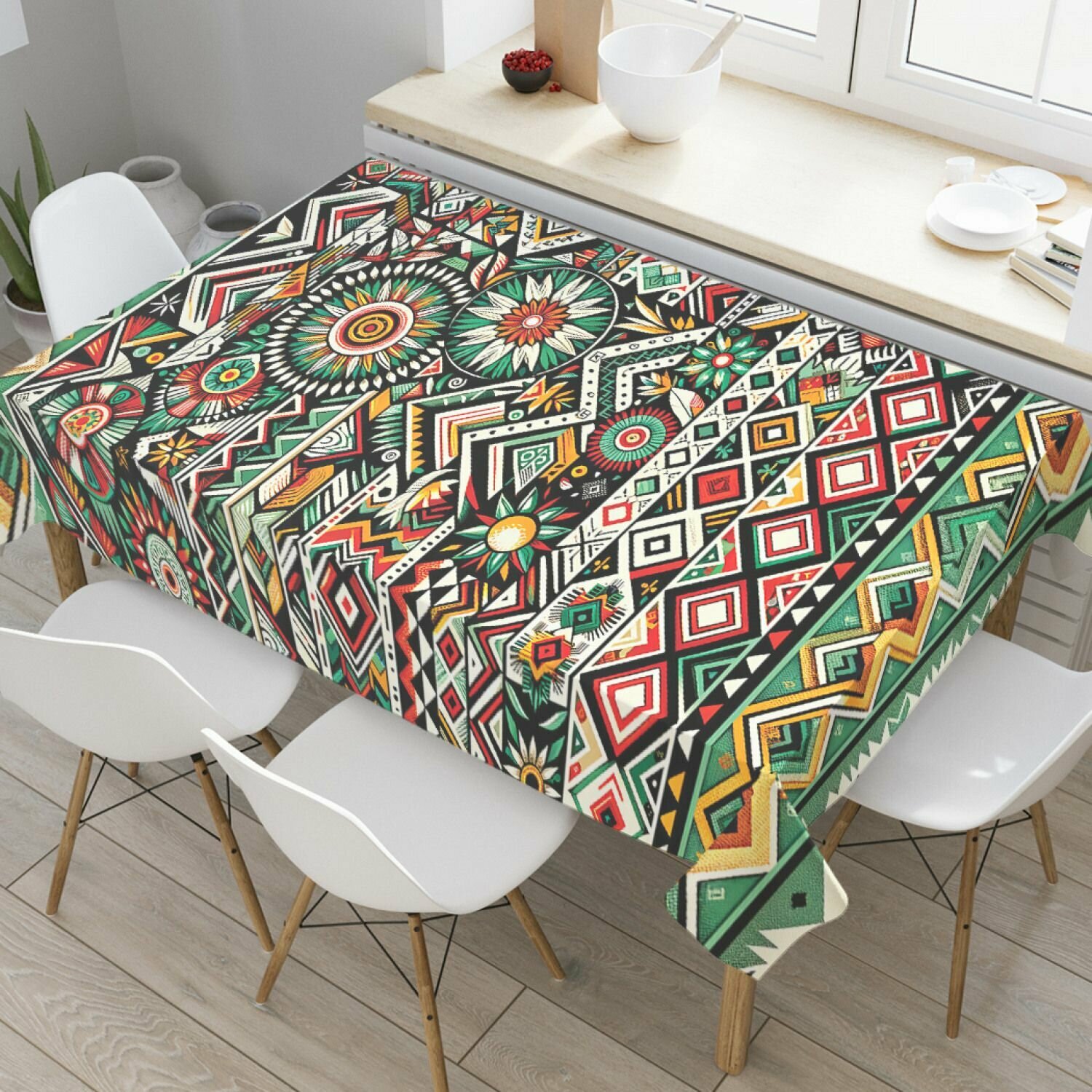 Прямоугольная тканевая скатерть на стол JoyArty с рисунком "Этнический ковер" 120 на 145 см