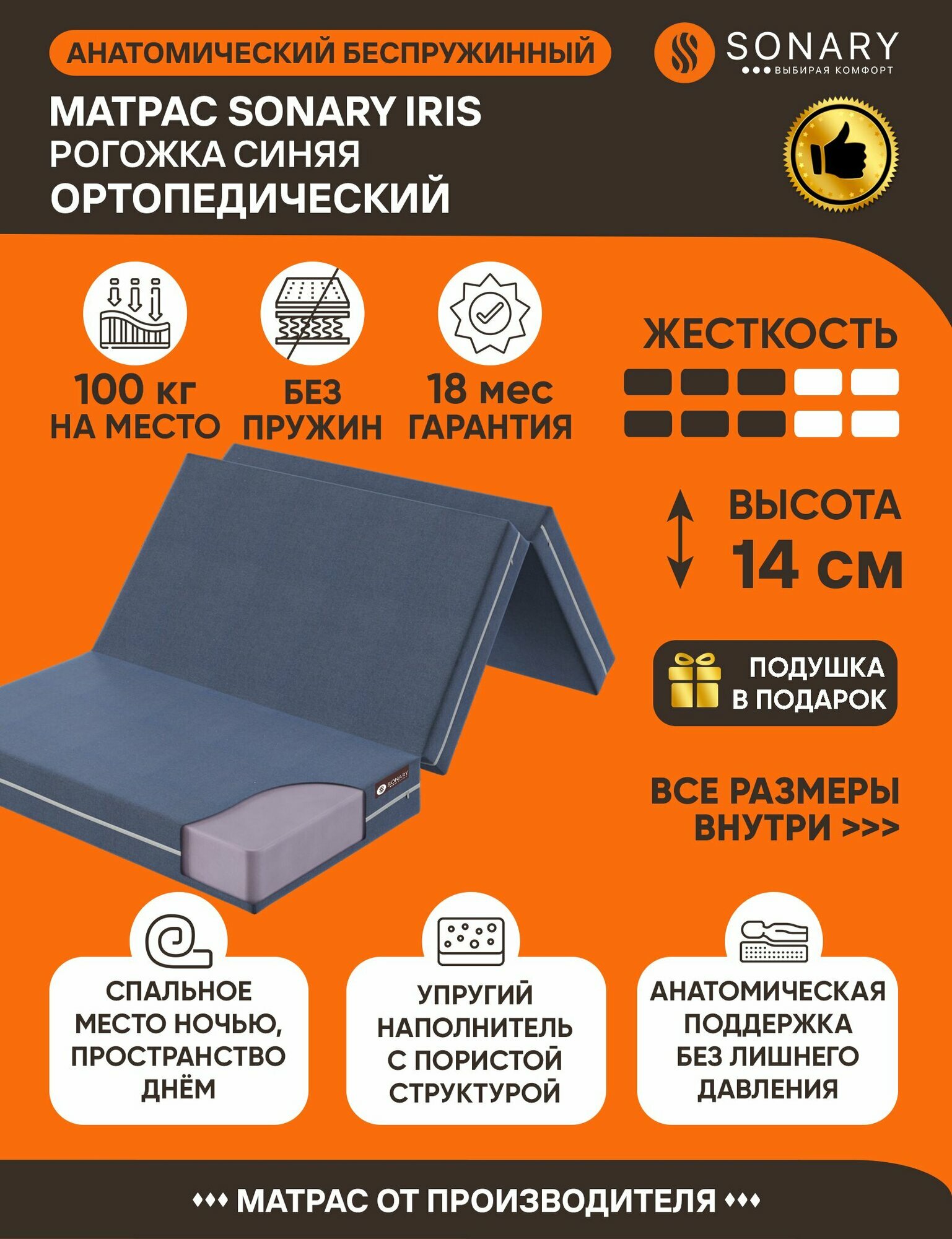 Матрас Sonary Iris Рогожка Синяя 80х190 высота 14 см анатомический средней жесткости Беспружинный