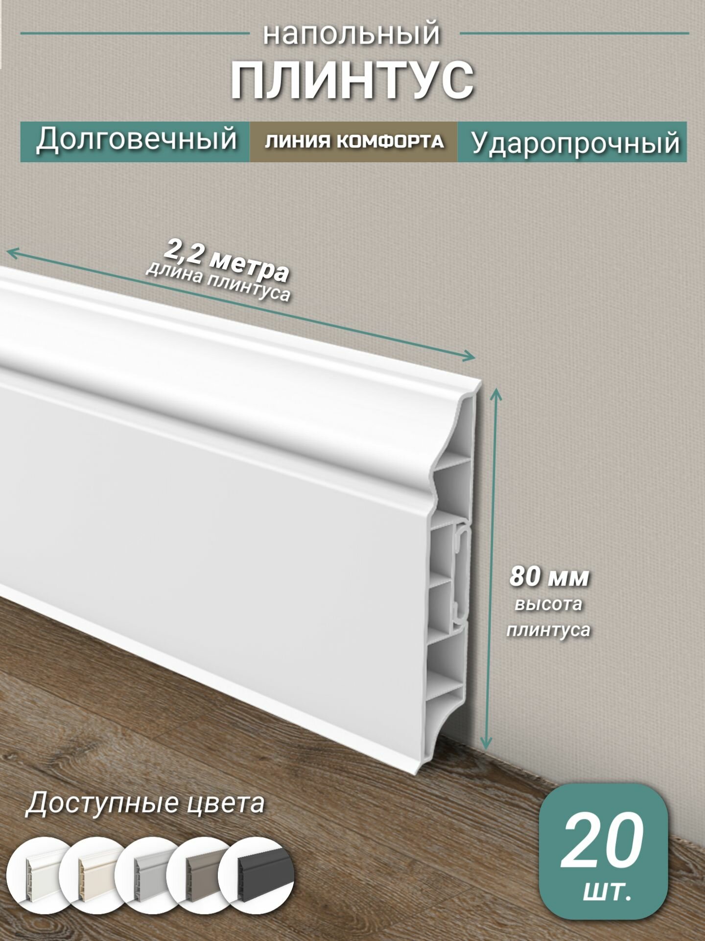 Плинтус Ideal, ПВХ, матовый, влагостойкий, ударопрочный, с кабель-каналом, 2,2 м, фигурный, Белый - 20 шт.