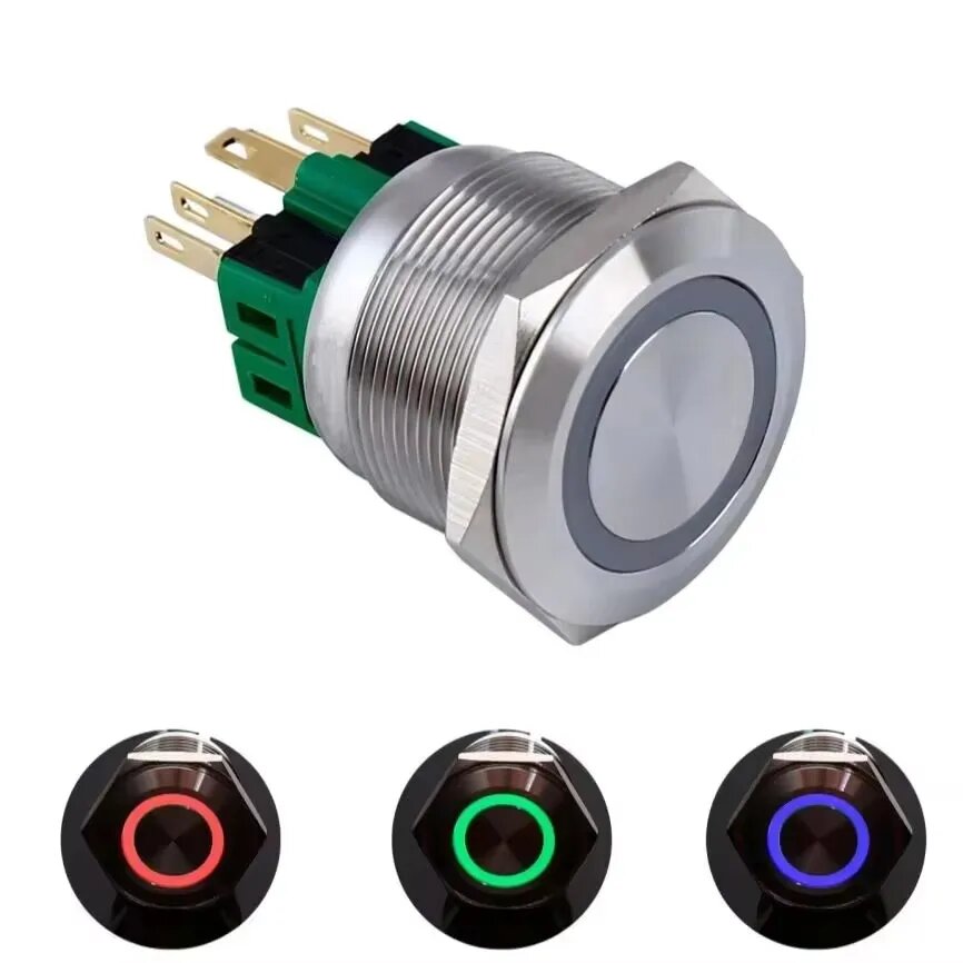 ELEWIND IP65 25 мм антивандальный кнопочный переключатель (PM251F-11E/RGB/12V/S, 3-LED RGB, черный алюминий, нержавеющая сталь, 24 В/220 В)