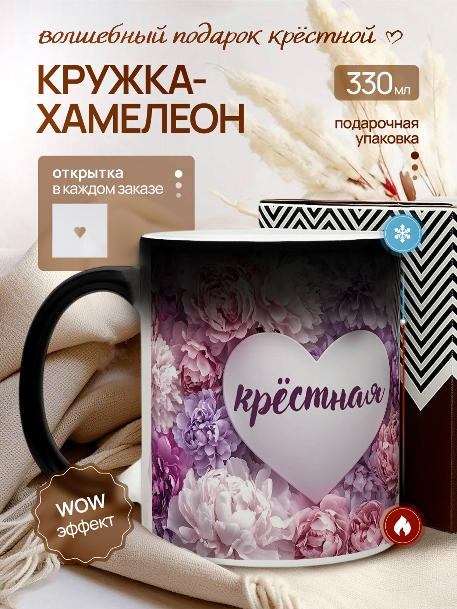 Кружка хамелеон для чая и кофе с приколом подарок для крестной "Пионы - крестная"