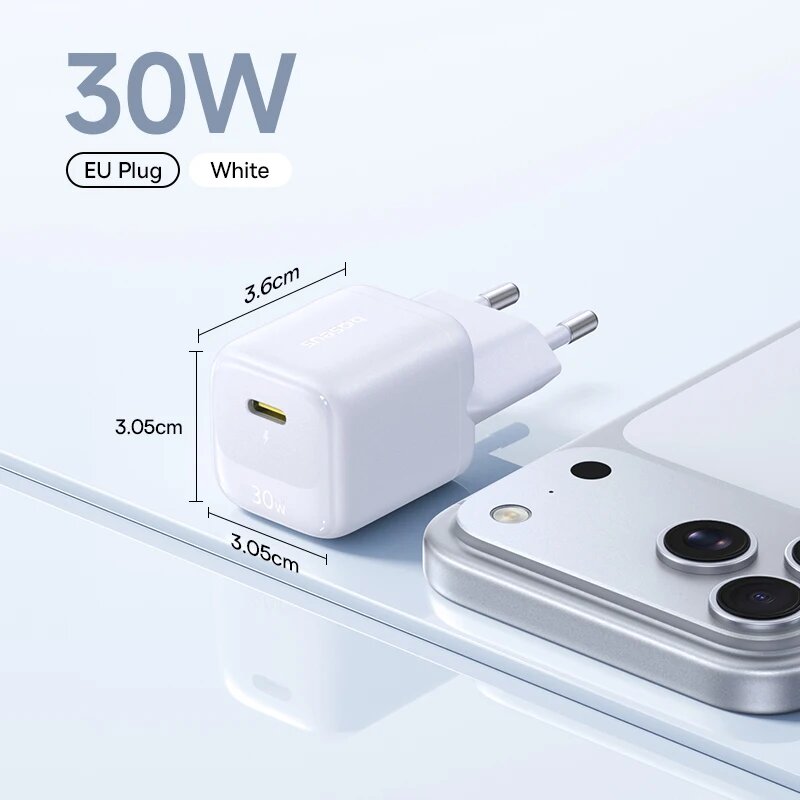 Зарядное устройство Baseus 30W USB-C с быстрой зарядкой PD3.0 QC3.0 PPS для iPhone 17 EU Plug White