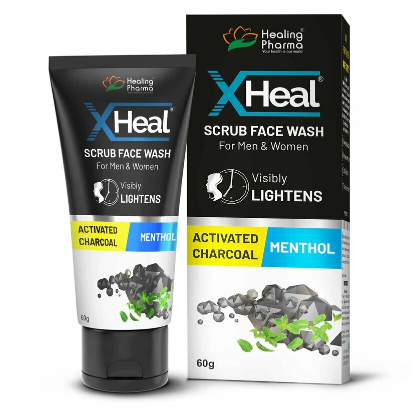 X Heal, SCRUB FACE WASH, Healing Pharma (Гель-Скраб для умывания с Активированным углем для мужчин и женщин), 60 мл.