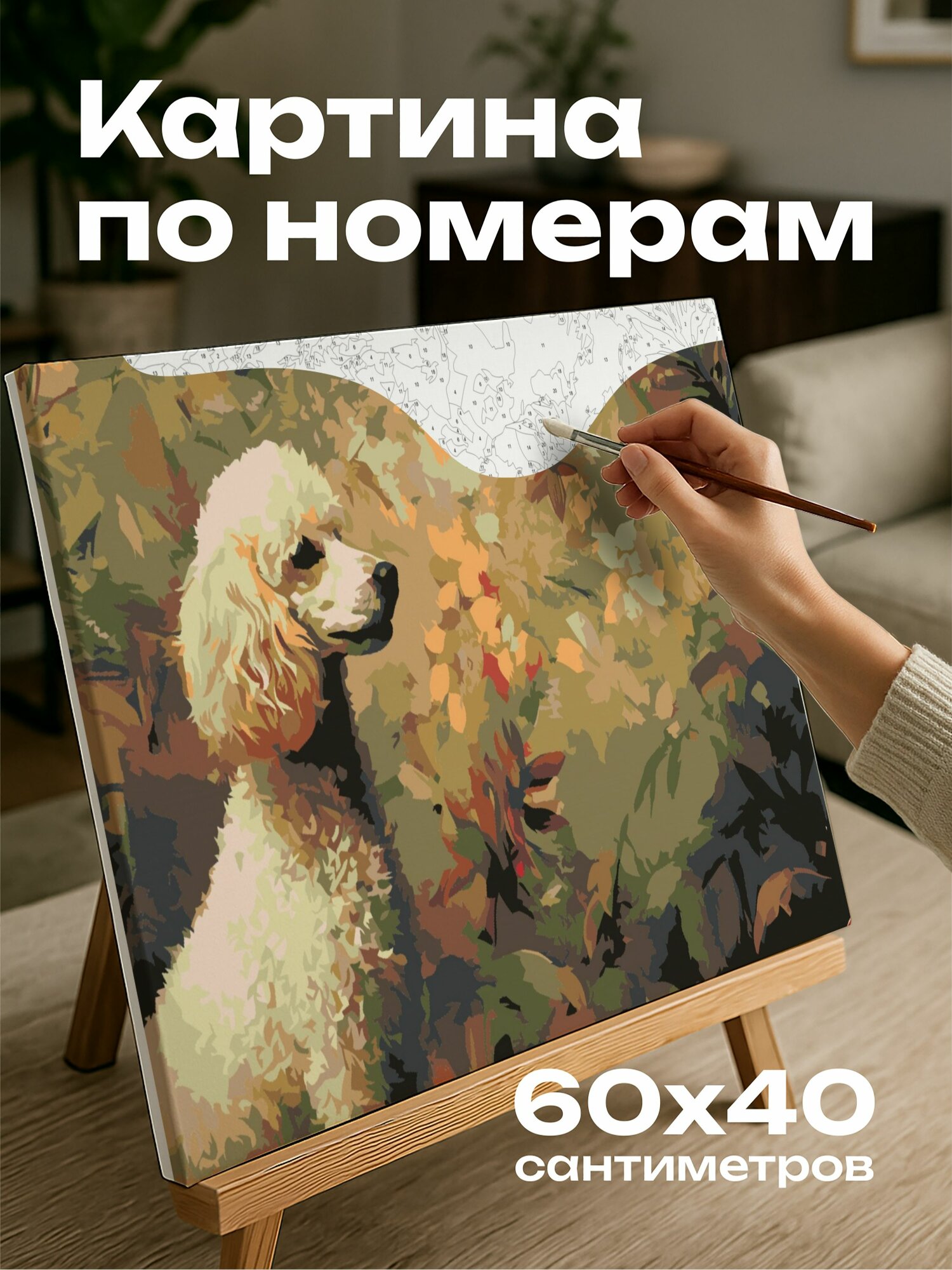 Картина по номерам 60x40 см, Пудель, цветущий сад, элегантность, шерсть, осанка, цифровая картина, масштаб 5:3