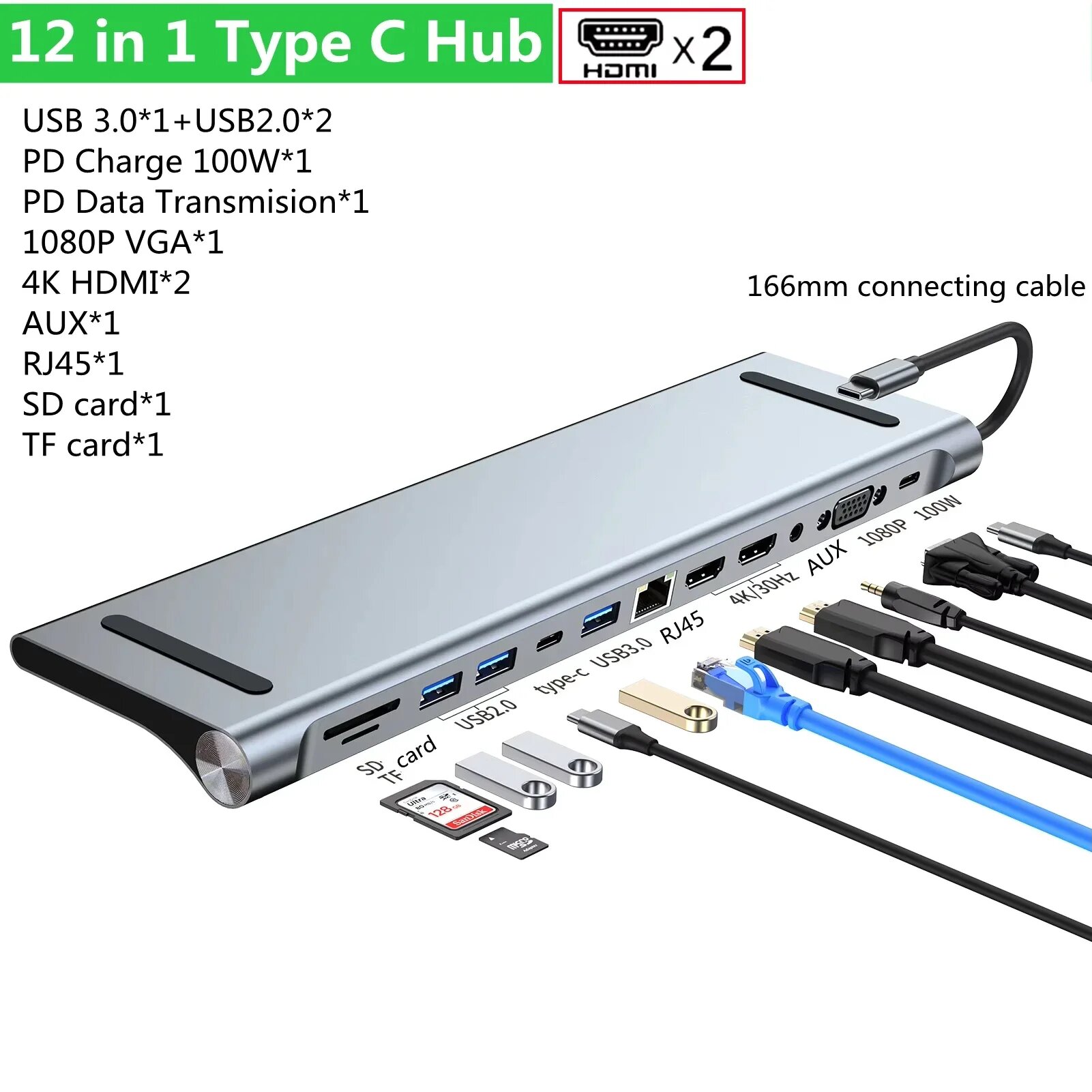 USB C хаб 12-в-1, 100W PD, HDMI 2x, VGA, USB 3.0