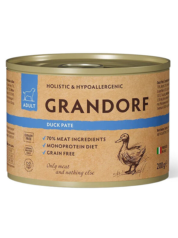 Влажный корм Grandorf для любых собак, монопротеиновый, склонных к аллергии, паштет из утки 6шт х 200г