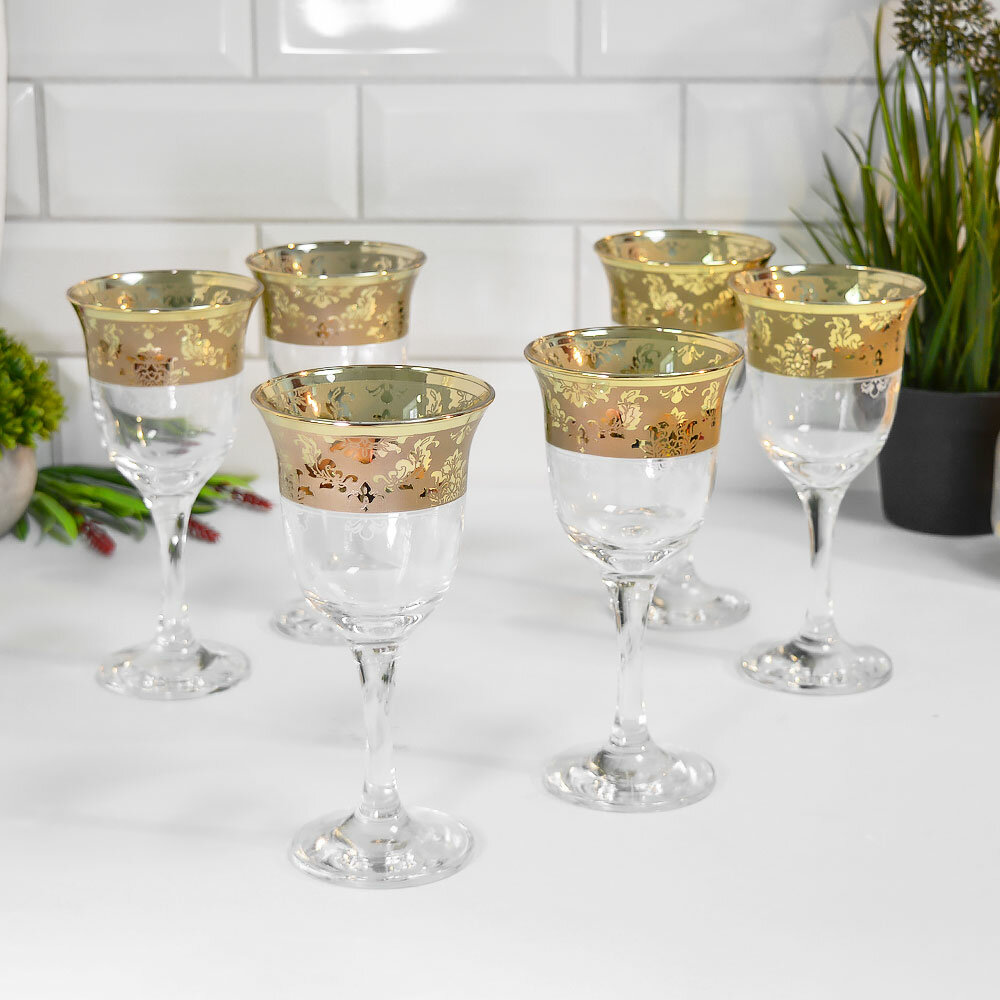 Набор бокалов для вина 6 предметов 240 мл, стекло, серия "Эрмитаж", с золотой каймой, в подарочной коробке