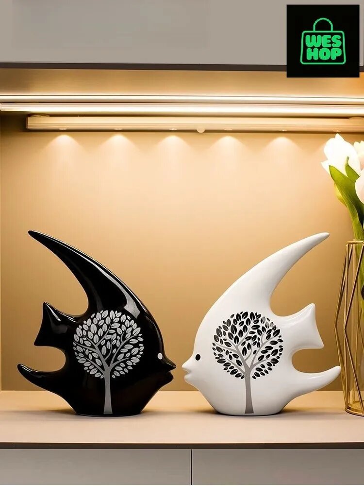 Керамические рыбы ручной росписи с деревом (пара) Декор для дома, подарок на свадьбу