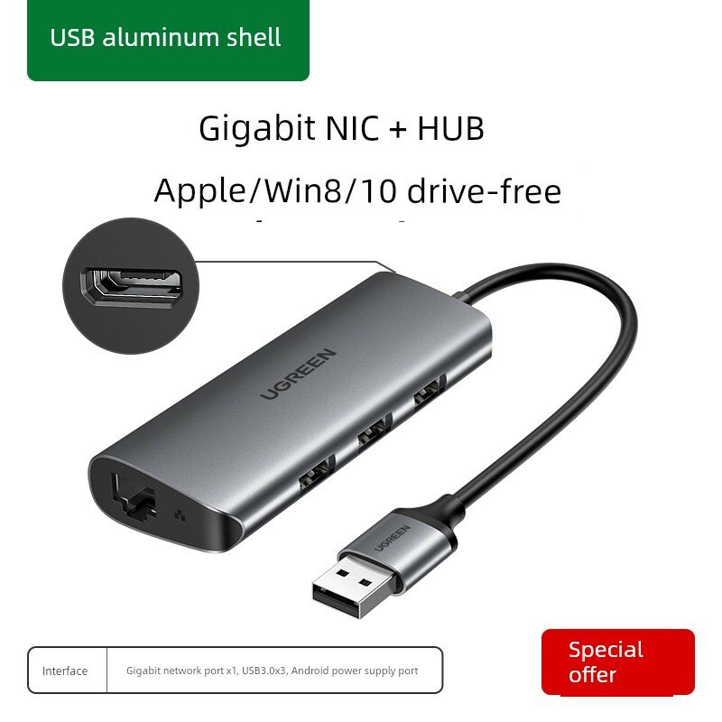 USB 3.0 адаптер Gigabit Ethernet с 3 портами USB 3.0 и Type-C входом питания для устройств Android