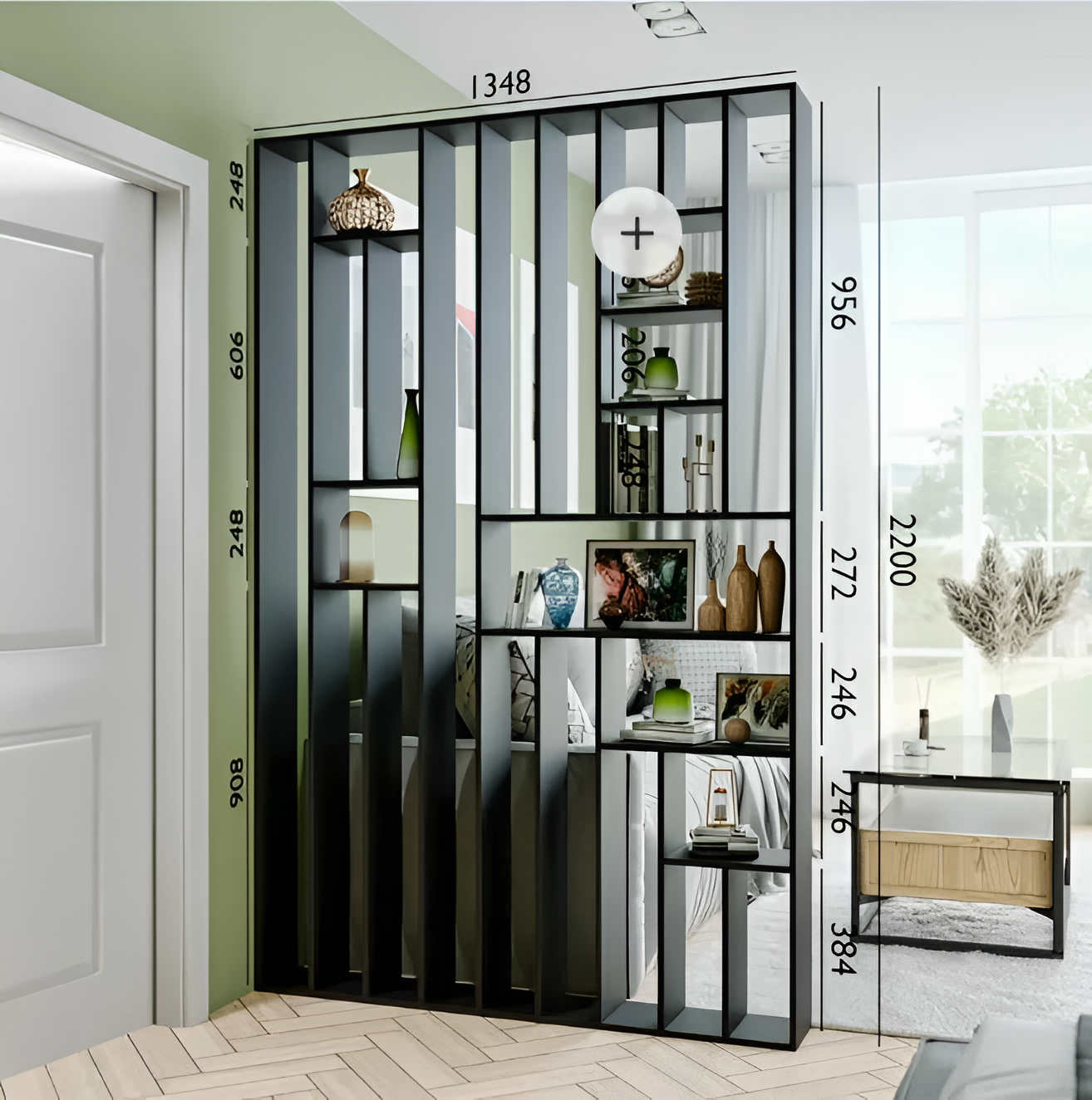 Перегородка с полками, черная, 1348 мм, 16х200мм