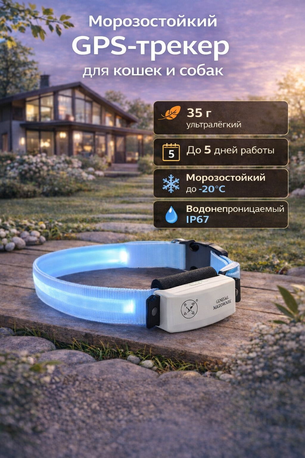 GPS/GSM трекер 911 для собак и кошек с LED-ошейником, до 5 дней работы, 35 г, влагозащита, морозостойкий