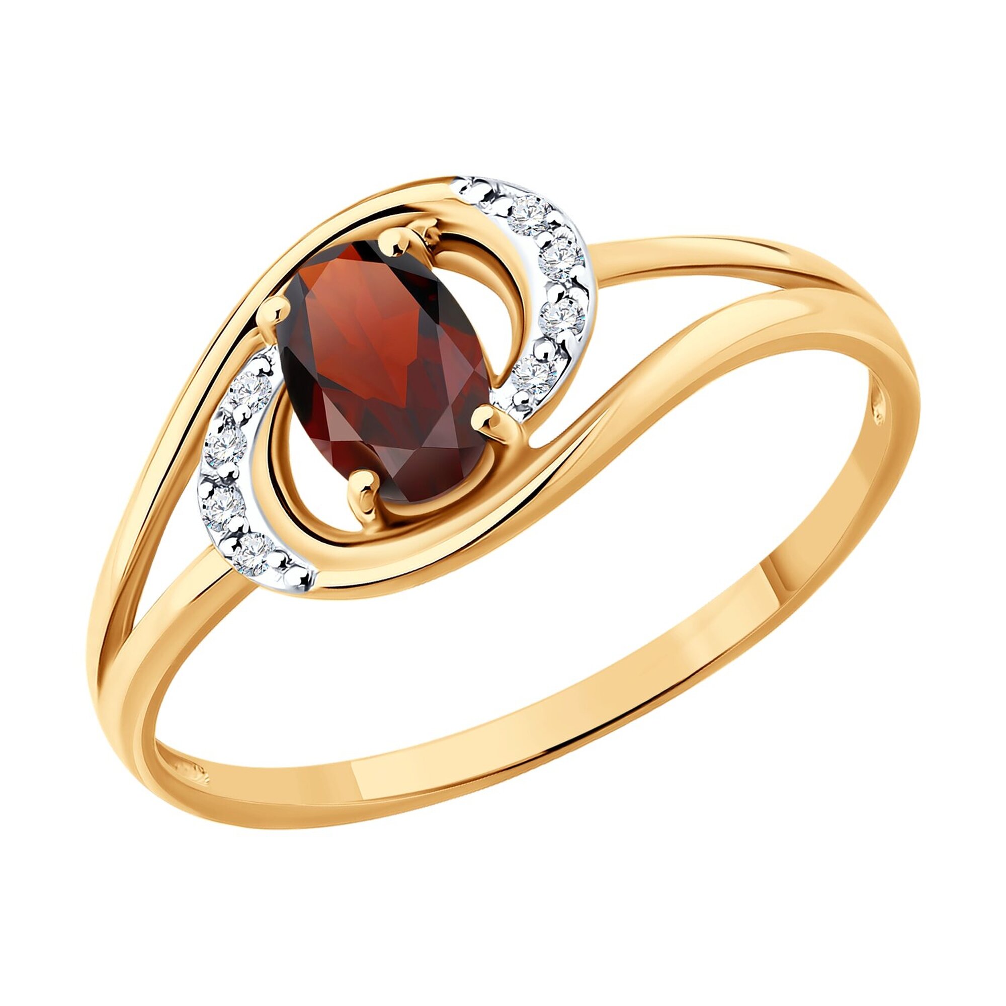 Кольцо, красное золото, 585 проба, гранат, фианит