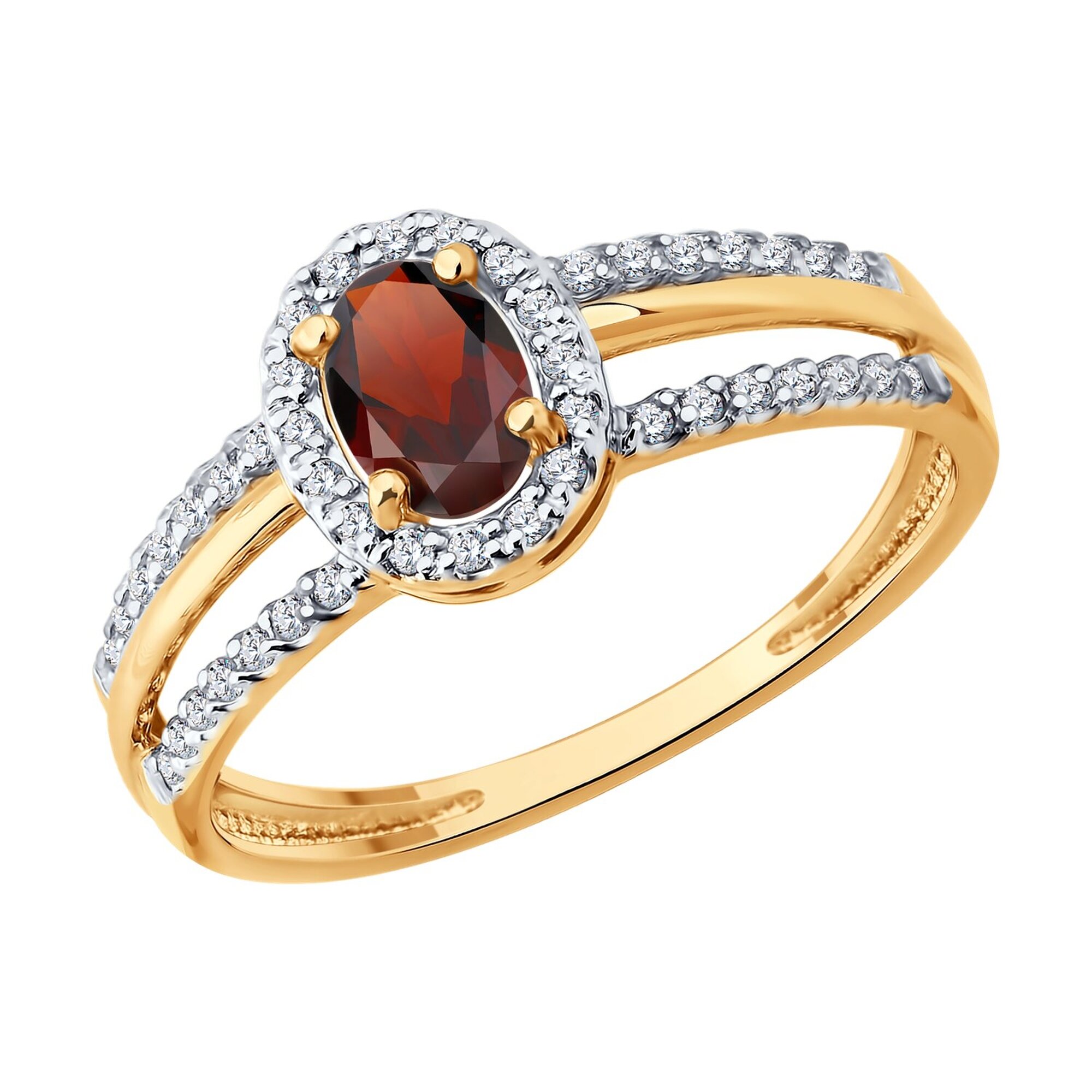 Кольцо, красное золото, 585 проба, гранат, фианит