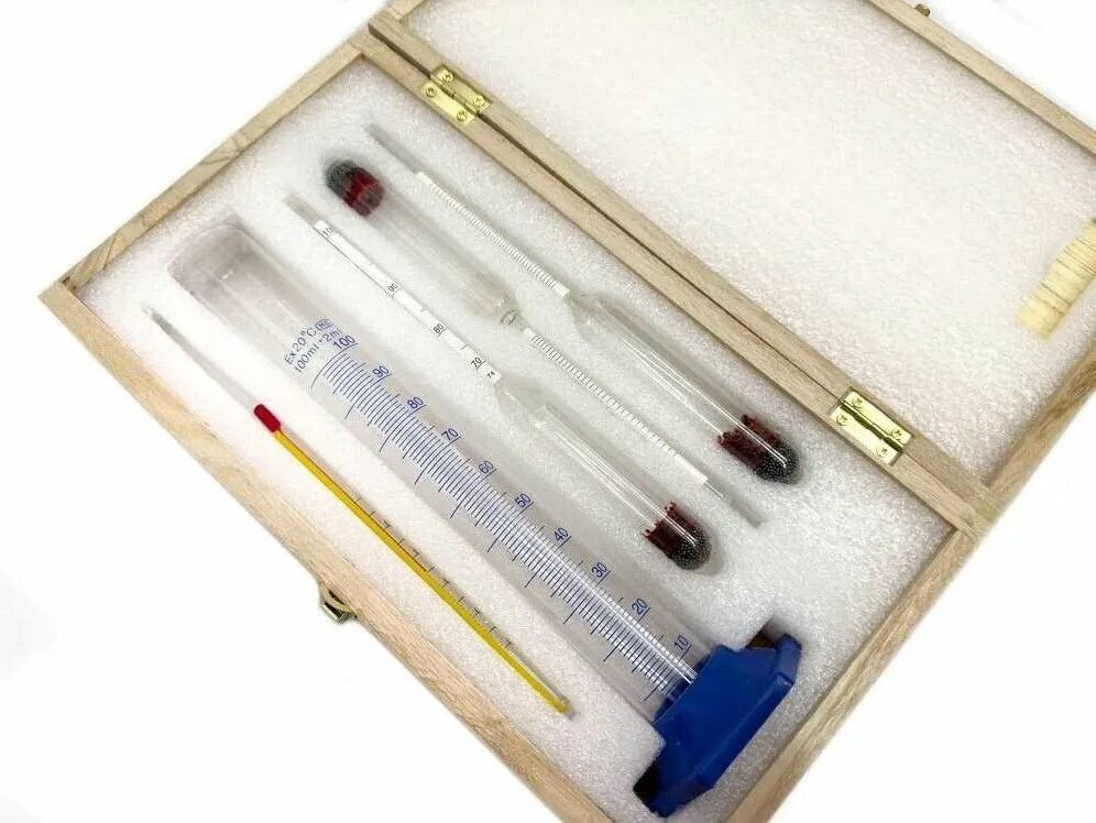 Набор ареометров и термометра с цилиндром (деревянный бокс) НАСП-3-1Д+МЦ