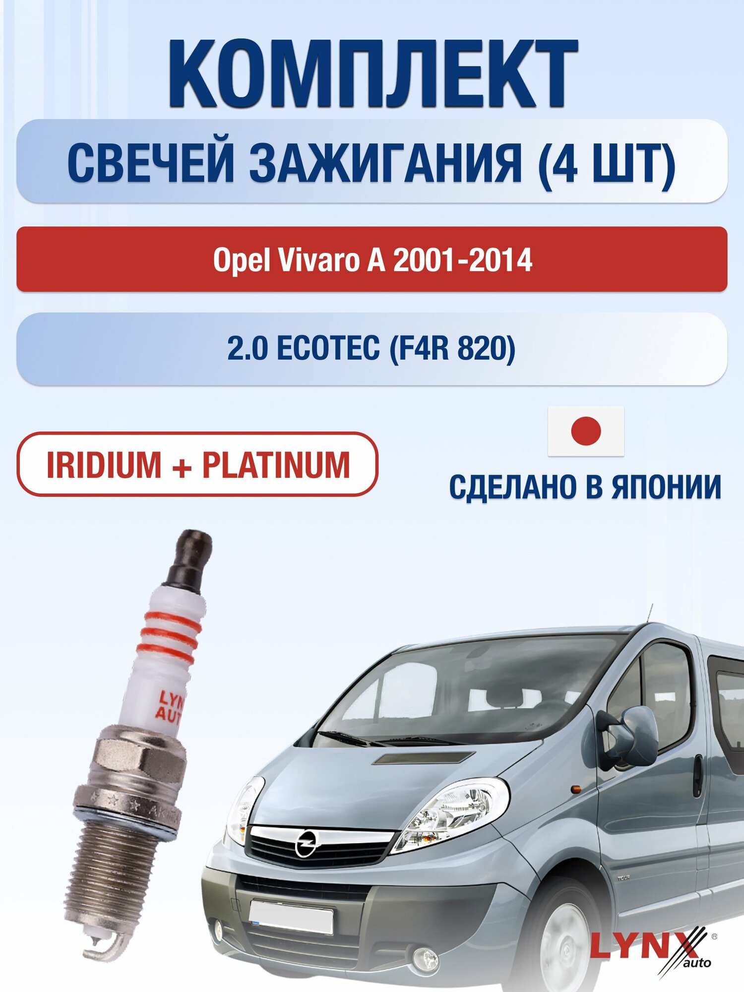 Свечи зажигания на Opel Vivaro A 2001-2014г./ комплект 4 шт. Двигатель 2.0 ECOTEC (F4R 720, F4R 820) SP-233/ LYNXauto
