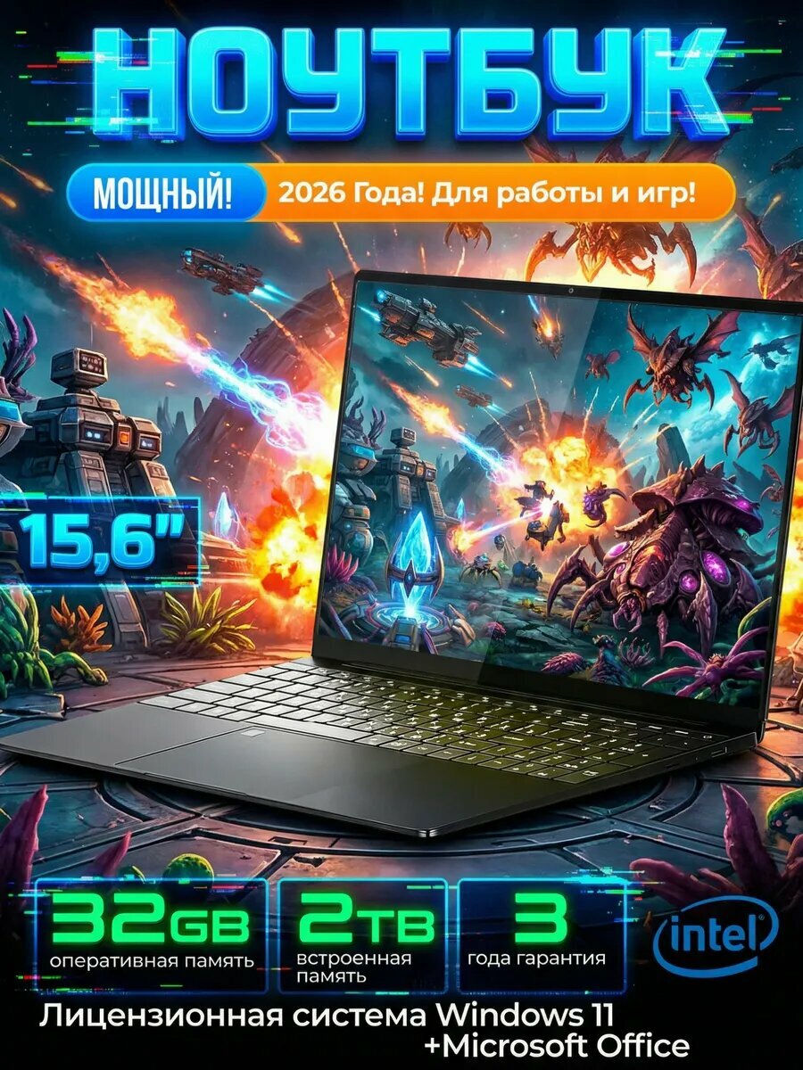Ноутбук игровой 2026 N-Series, RAM 32GB, SSD 2048GB, IPS + Windows