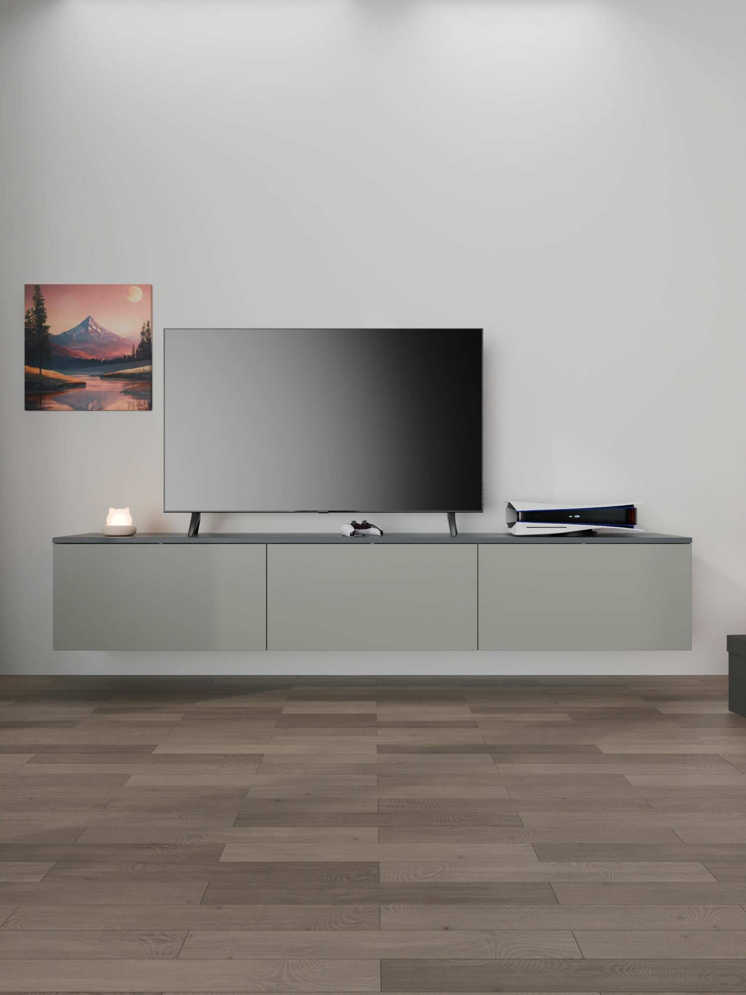 Изумлит Тумба под телевизор подвесная настенная Эра 180х32х35 см, графит-шиншилла серая