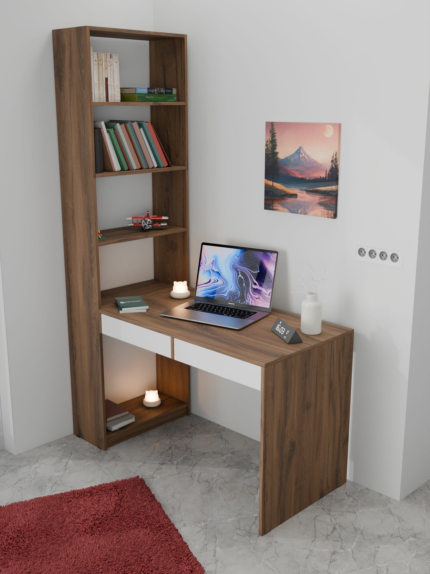 Изумлит Стол-стеллаж письменный угловой, стеллаж слева 200х130х59.2 см, дуб крафт табачный - белый