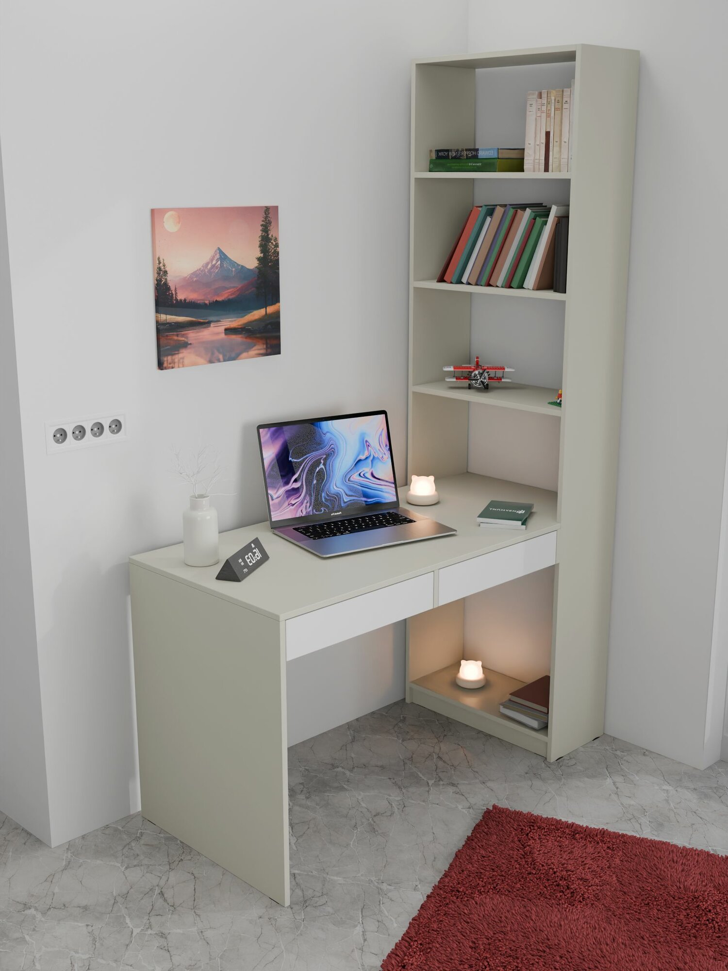 Изумлит Стол-стеллаж письменный угловой, стеллаж справа 200х130х59.2 см, бежевый-белый