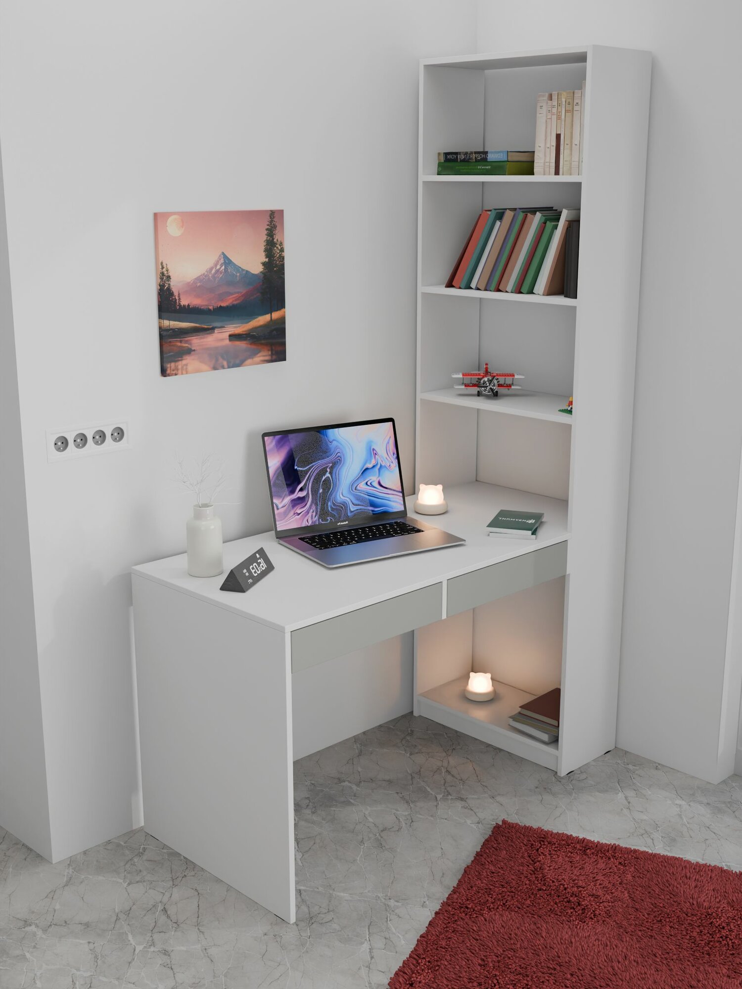 Изумлит Стол-стеллаж письменный угловой, стеллаж справа 200х130х59.2 см, белый - шиншилла серая