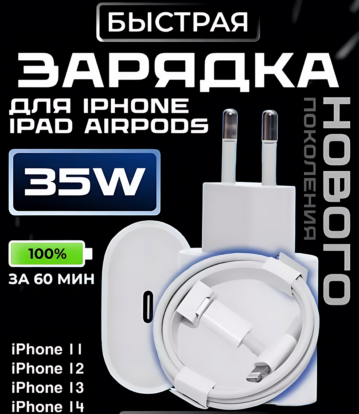 Комплект Premium, быстрое сетевое зарядное устройство для iPhone / iPad/ AirPods 35 W с кабелем Type C-Lighting/Белый