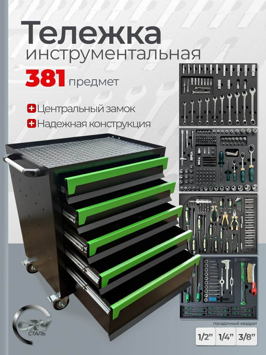 Тележка с комплектом профессионального инструмента Rock Force 381 предмет в ложементах