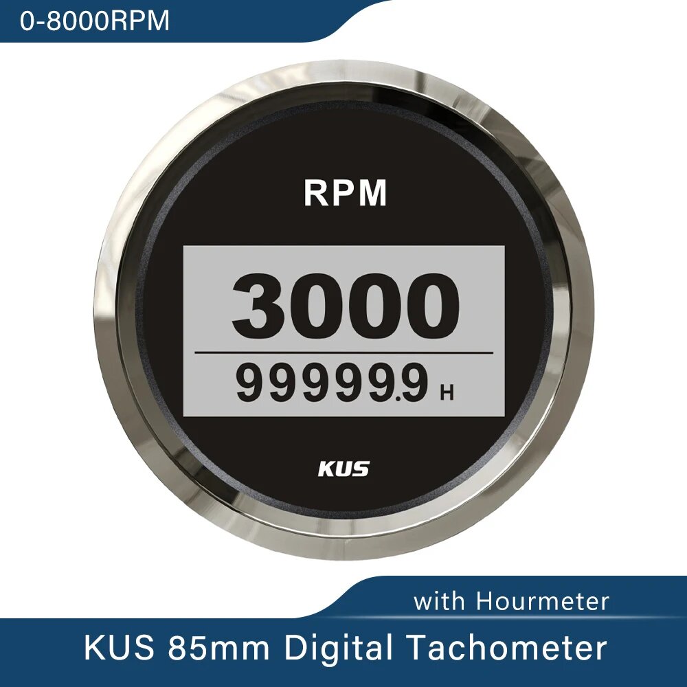 Тахометр KUS 85 мм Digital с счетчиком моточасов 0-8000 RPM, 12В/24В