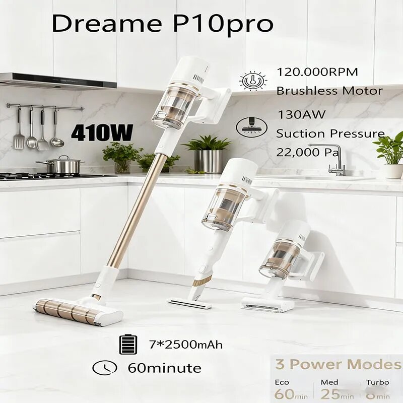 Вертикальный беспроводной пылесос DREAME P10 pro, 410W, 130AW, до 60 мин, белый
