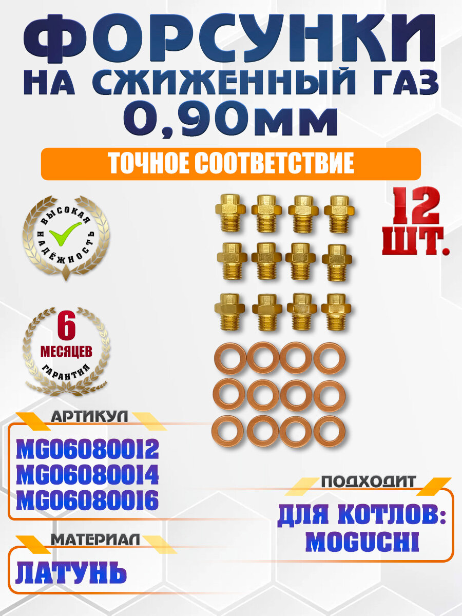 Комплект форсунок LPG сжиженный газ 0,90 мм, 12 шт. MOGUCHI 2023г: GBL11F-24F, GBN24F, GBN24HF, 2022г: GBN20F MG06080012, MG06080014, MG06080016