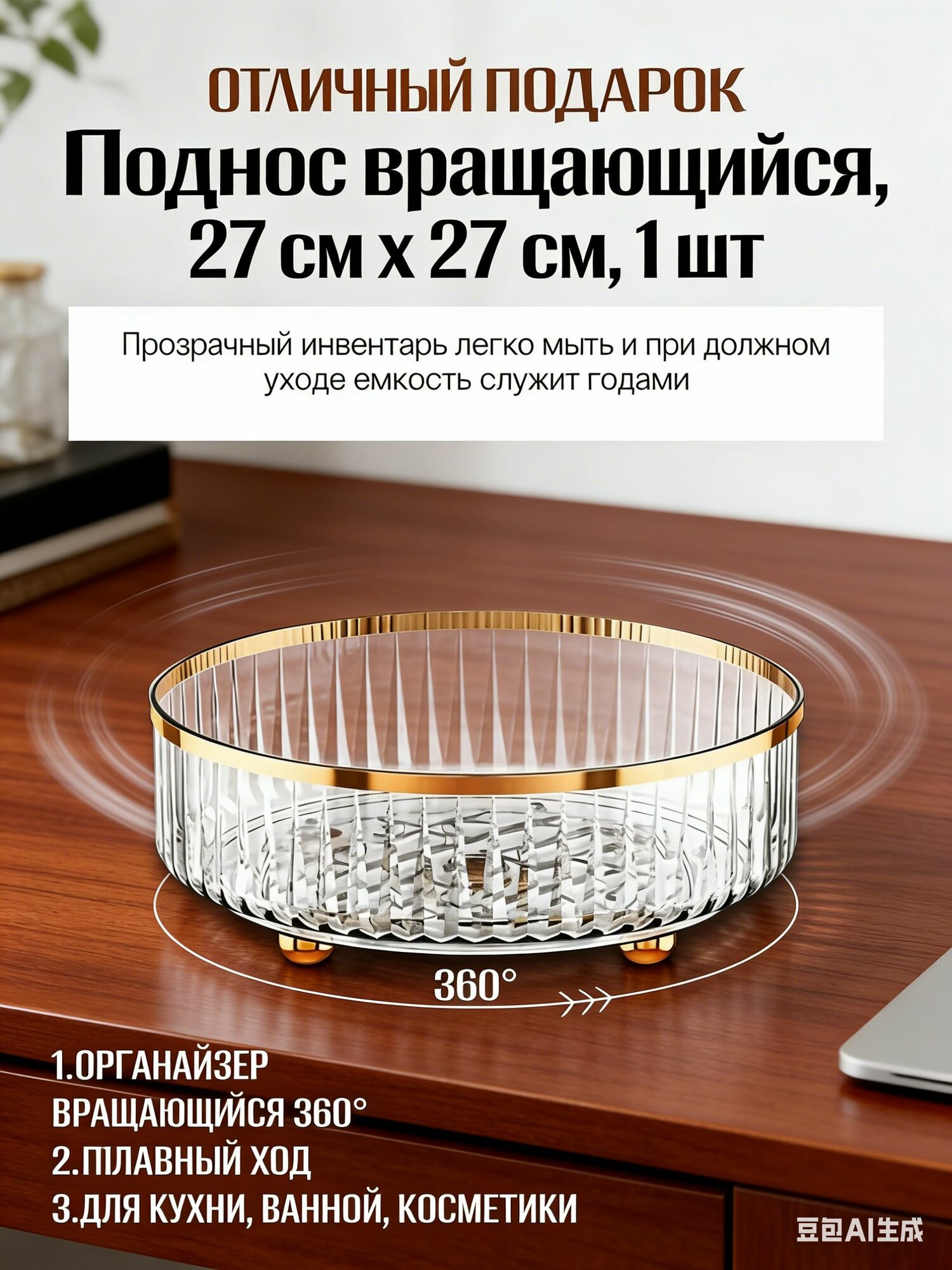 Поднос вращающийся крутящийся органайзер для кухни и ванной комнаты 28х28 см, прозрачный