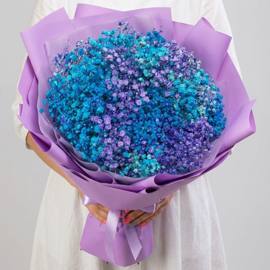 Букет Мегацвет24 "Синие и Фиолетовые гипсофилы", стабилизированный, 15шт, дизайнерская упаковка