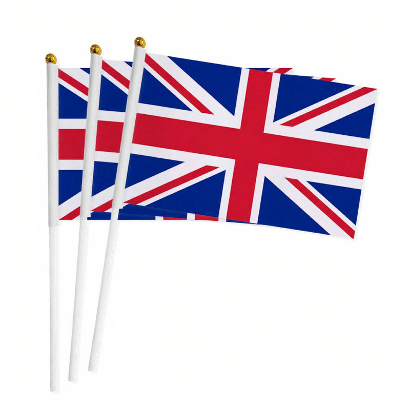 Набор из 3 флагов Великобритании «Юнион Джек» – полиэстеровые ручные флаги размером 14x21 см с белыми древками – идеально подходят для спортивных мероприятий, парадов и патриотических акций – легкие и прочные.