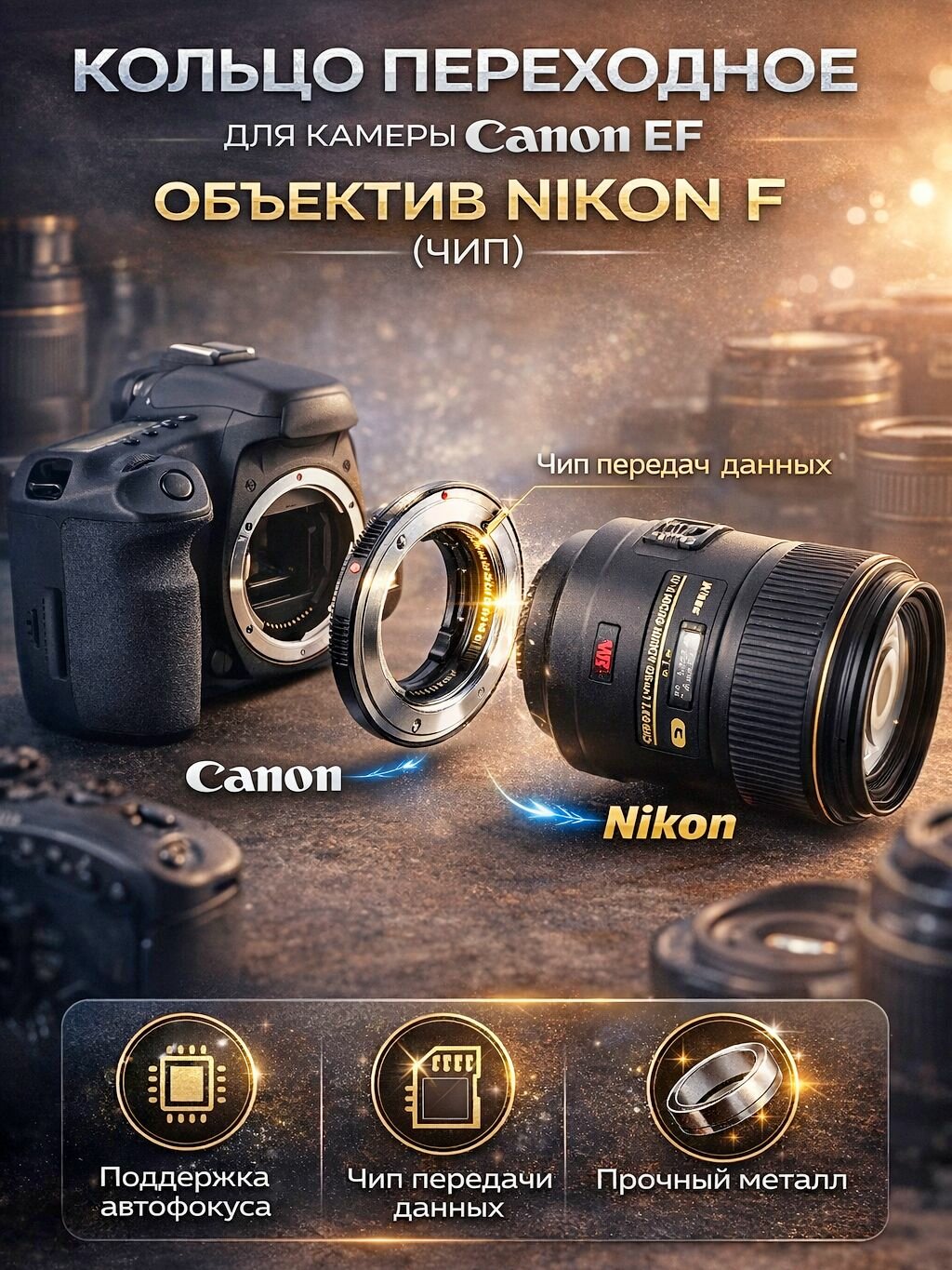 Адаптер - кольцо для камеры Canon EF (Тушка) и объектива Nikon F с AF (с чипом)
