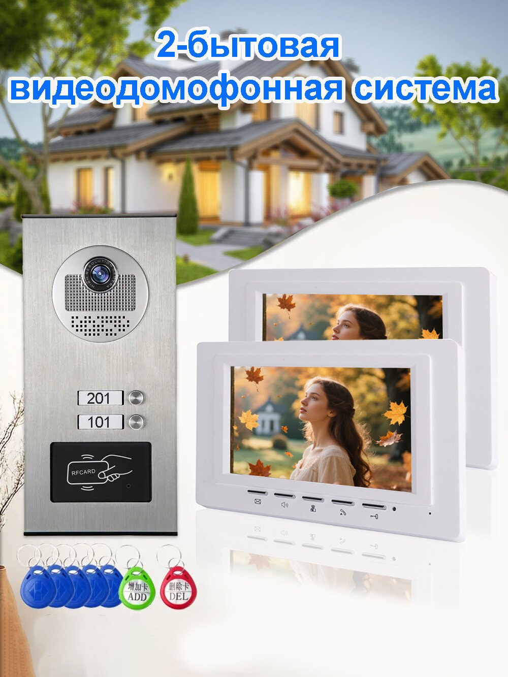 Домашняя видеодомофонная система из 2 блоков с разблокировкой RFID-картой