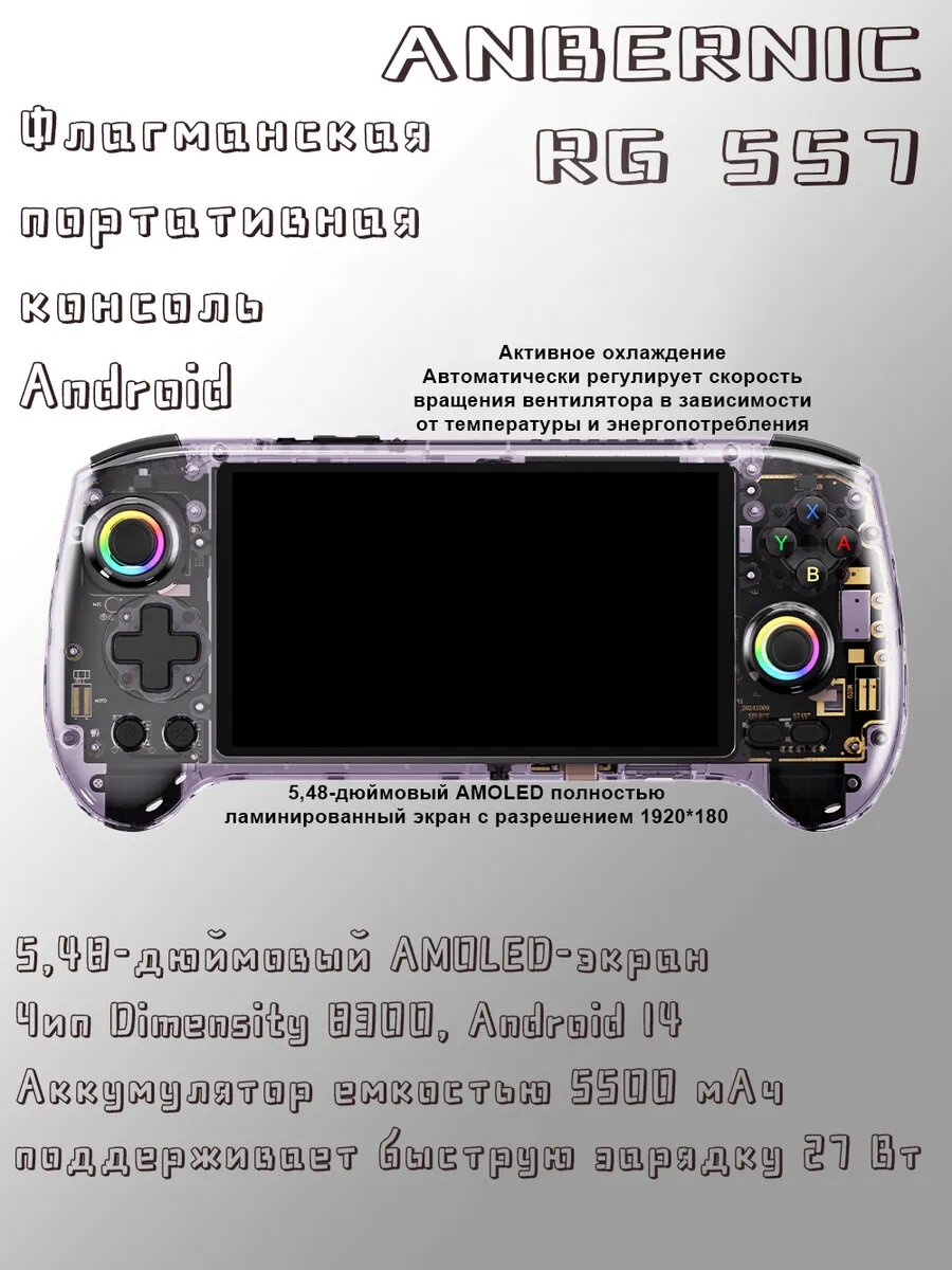 ANBERNIC RG557 Полупрозрачная фиолетовая, стандартная версия, ретро портативная игровая консоль.