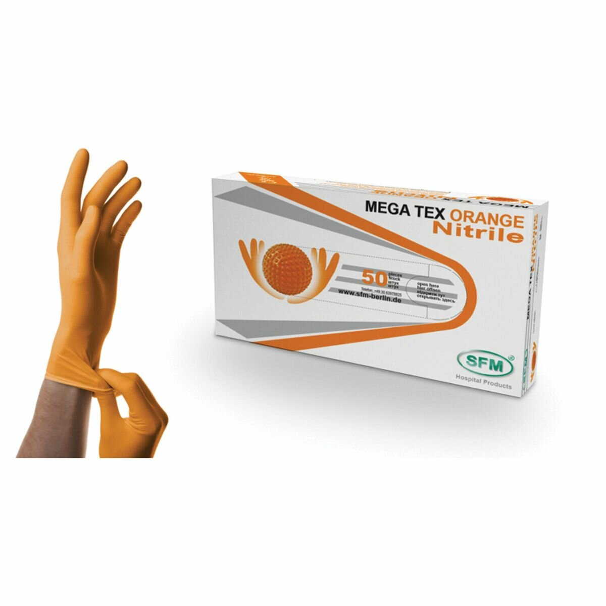 Перчатки нитриловые SFM MegaTex Orange, сверхпрочные с текстурой, размер 8-9, 25 пар (4036534914205), 10 уп.