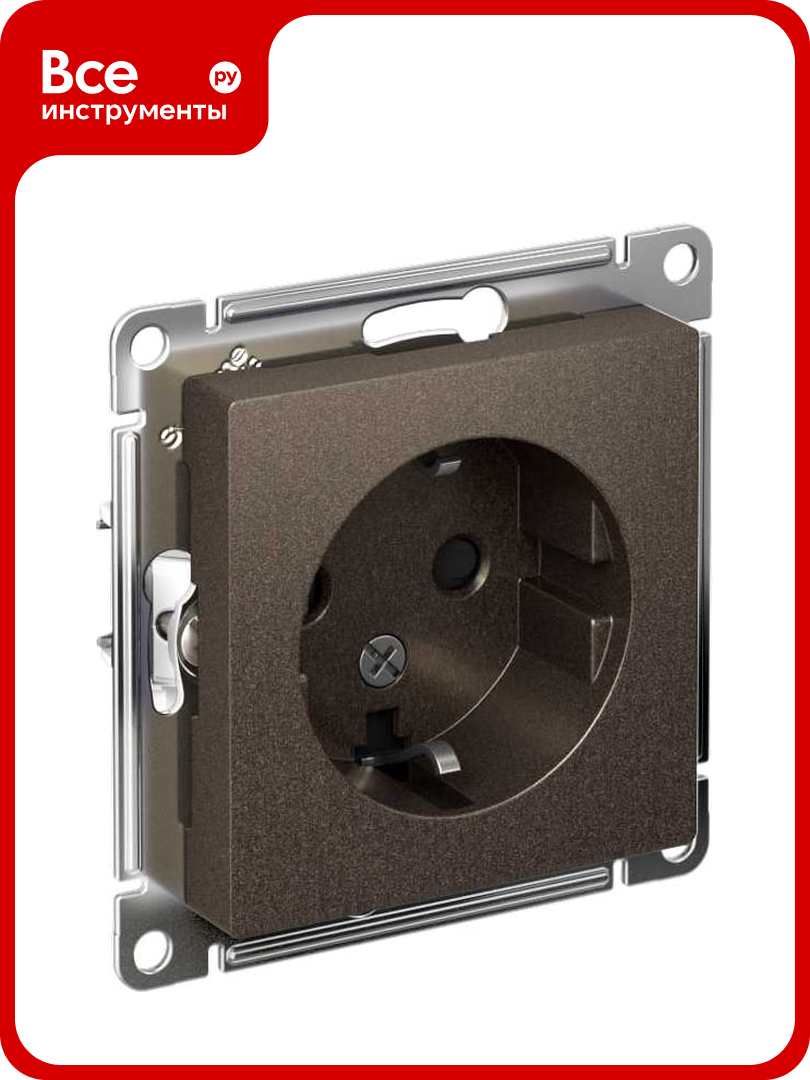 Механизм розетки Systeme Electric 1-м СП ATLAS DESIGN с заземлением, защитные шторки 16А мокко ATN000645, из