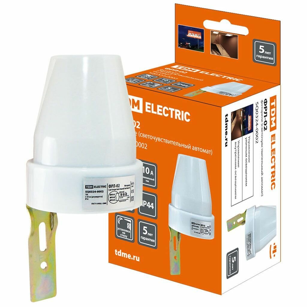 Фотореле TDM Electric ФРЛ-02 (SQ0324-0002), 10 А, 5-50 лк, датчик освещенности для автоматического управления светом