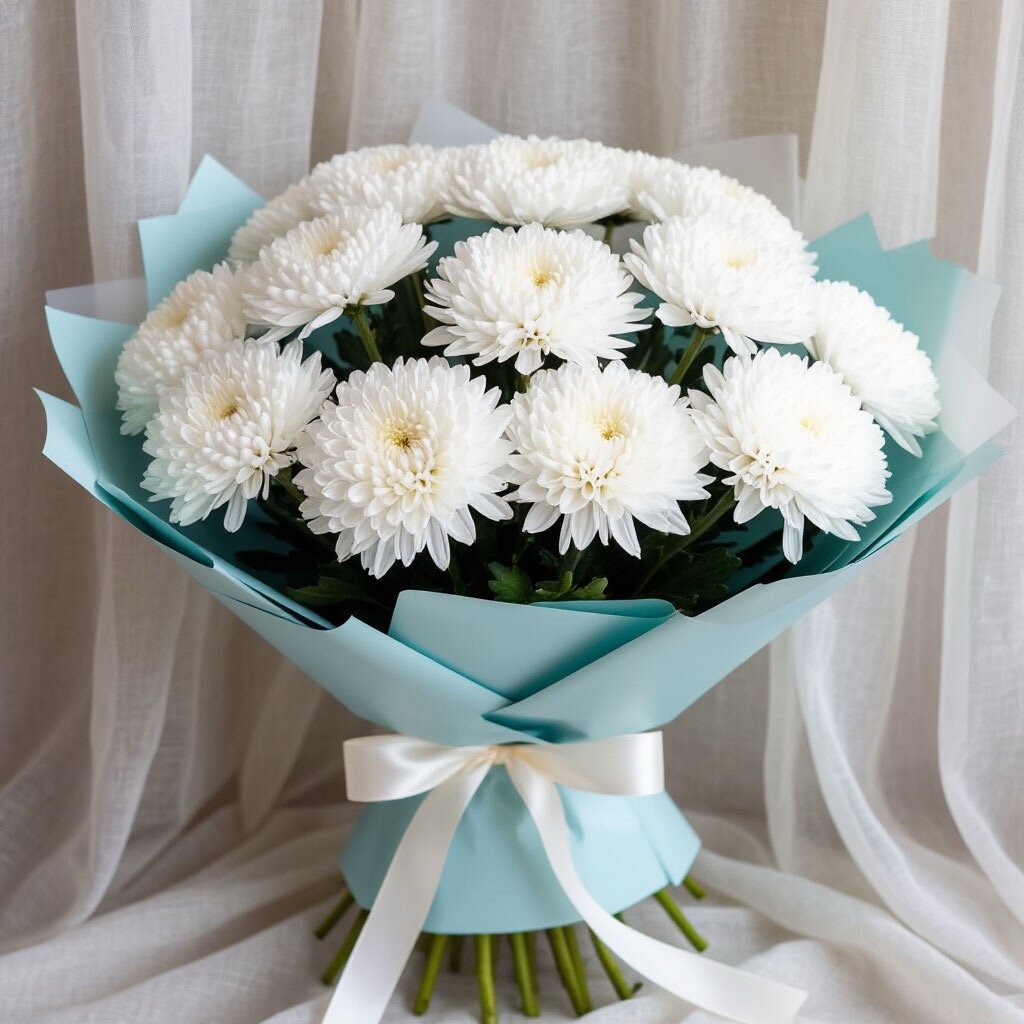 Букет из 13 белых хризантем , в бело-голубой упаковке украшенной белой лентой.