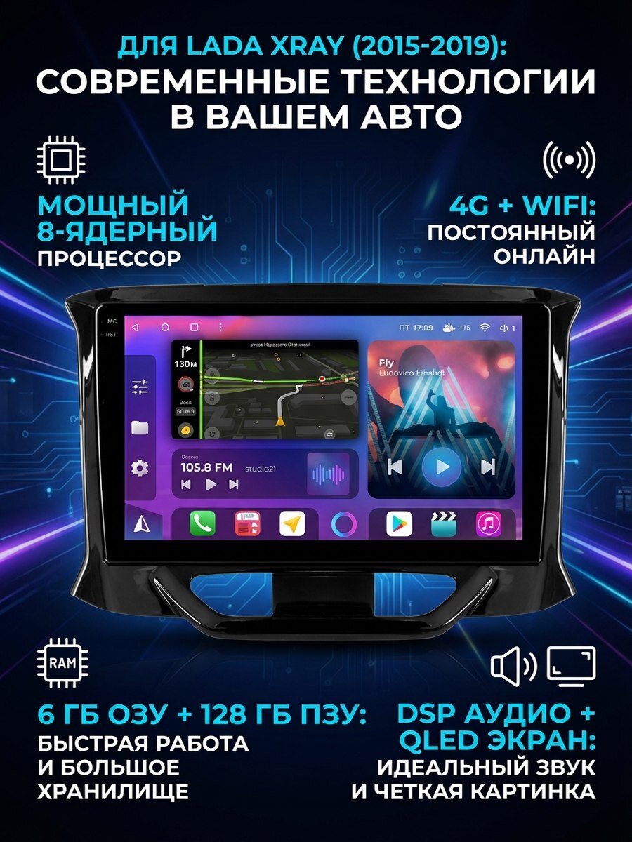 Штатная магнитола Лада Х Рей (LADA Xray) 2015-2019 на Android 14, WiFi + 4G, CarPlay