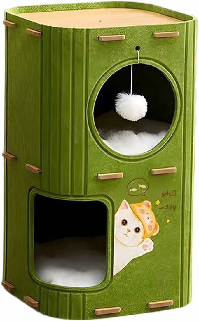 DINGXIAN Двухъярусное кошачье дерево с когтеточкой - Зеленый бархат | Компактная кошачья башня для нескольких кошек, прочная конструкция 37см