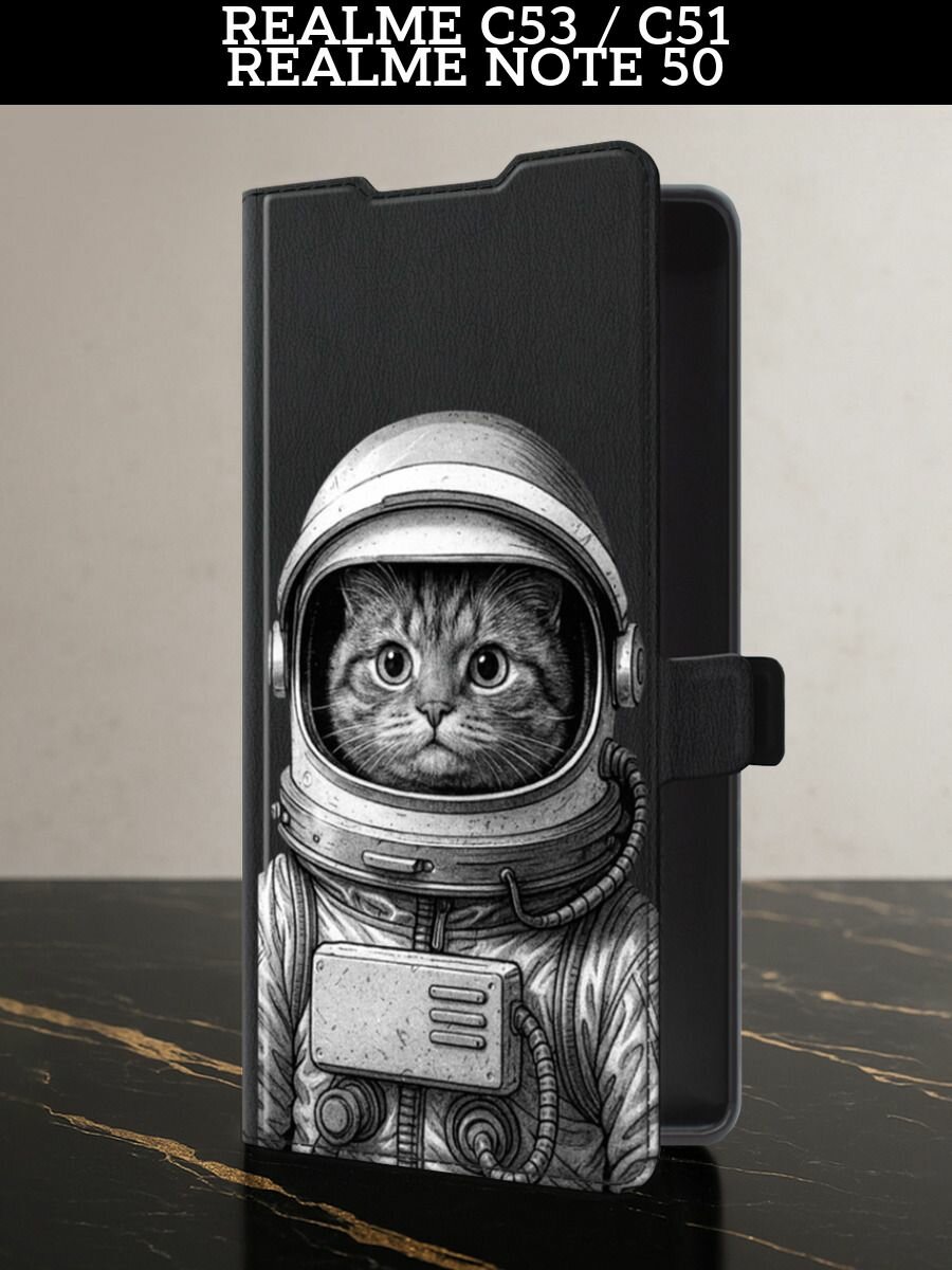 Чехол-книжка на Realme C53/C51/Note 50 / Реалми С53/С51/Нот 50 с принтом Котик в скафандре, черный