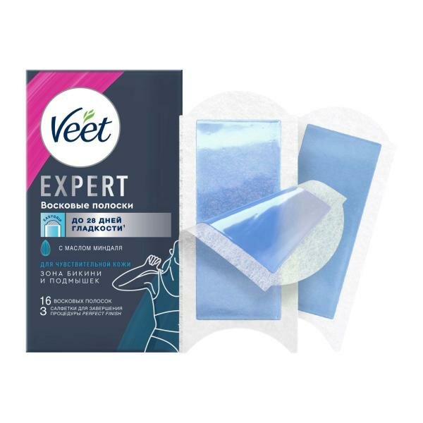 Восковые полоски Veet Expert для чувствительной кожи для зоны бикини и подмышек 16шт