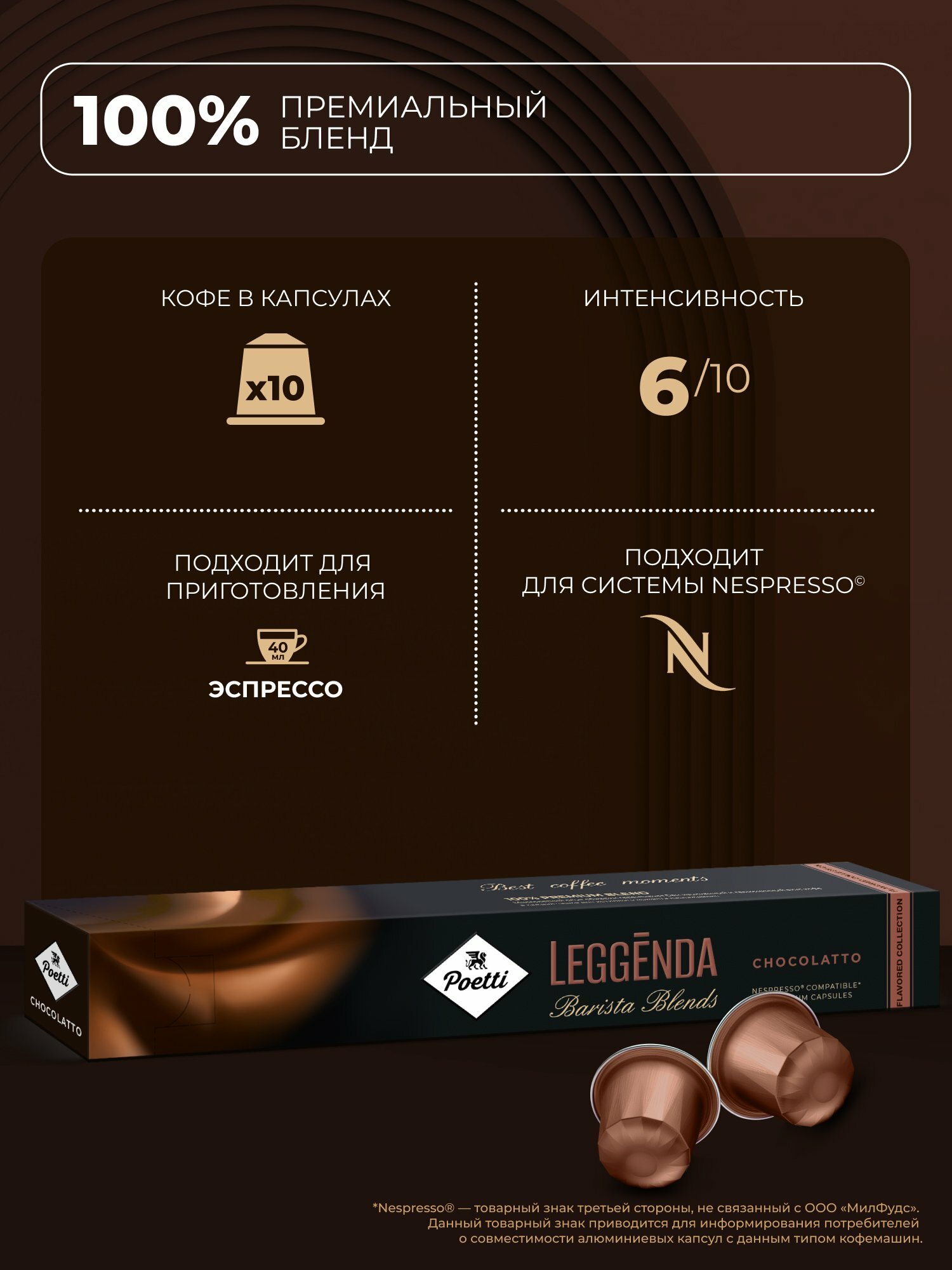 Кофе в капcулах Poetti Leggenda Chocolatto, интенсивность 6, 10 шт
