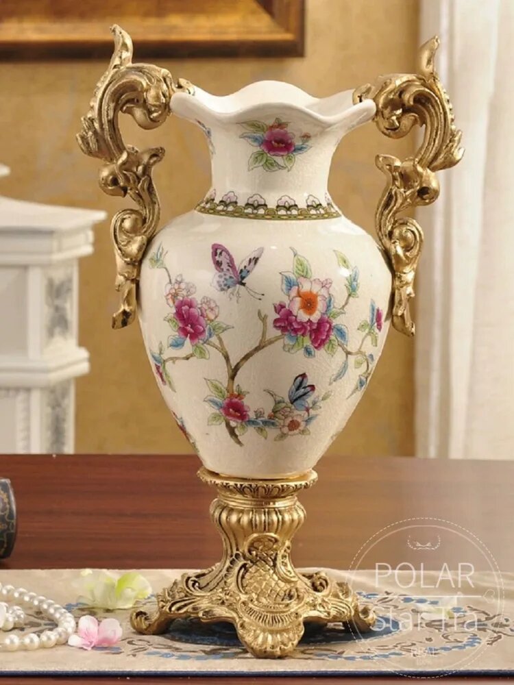 Ваза "шинуазри", 43.01 см, Гипс, Керамика, 1 шт, Декоративная с бронзовыми элементами