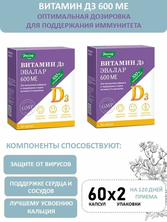 БАД Витамин д 3 600 МЕ 60 шт. капсулы массой 0,24 г блистер - 2уп