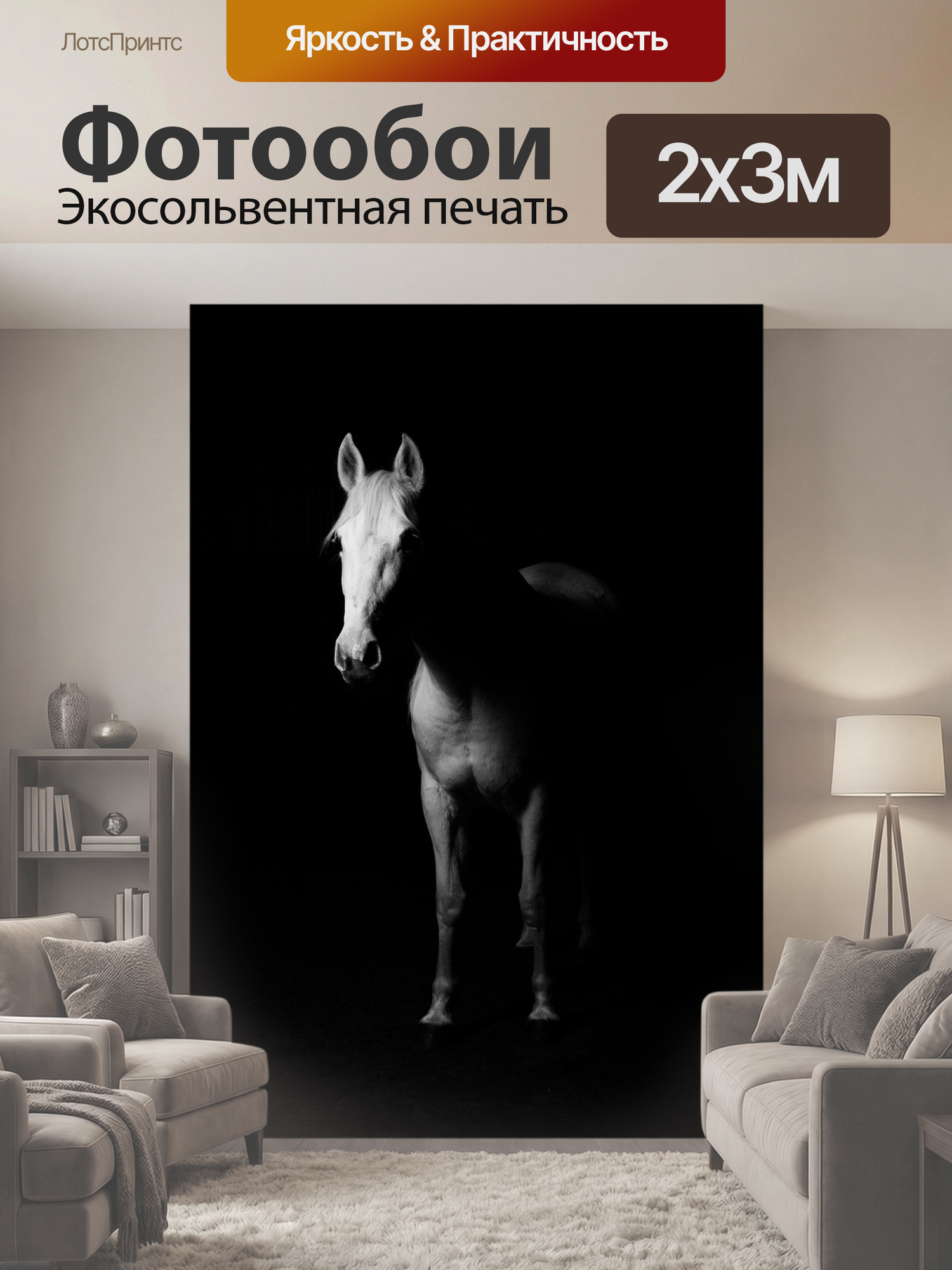 Фотообои "Лошадь, белая лошадь, тени" 200x300 см. экосольвентная печать