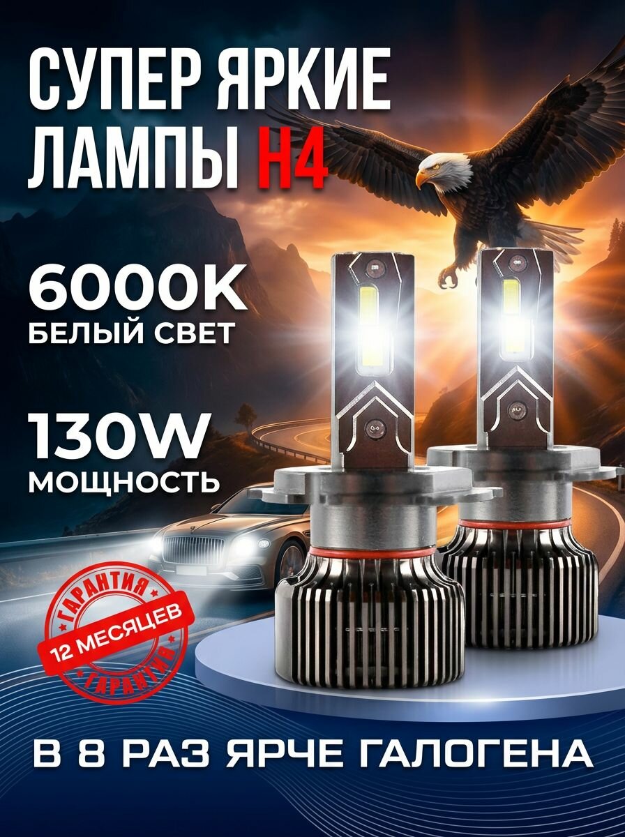 LED лампы H4 PRO 130W / Светодиодные лампы для авто / Максимальная яркость 6000K / Комплект 2 шт.