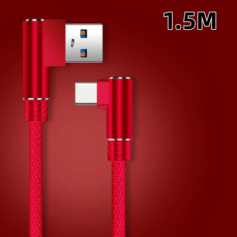 Красный кабель USB-C 1.5M, угловой 90° для быстрой зарядки