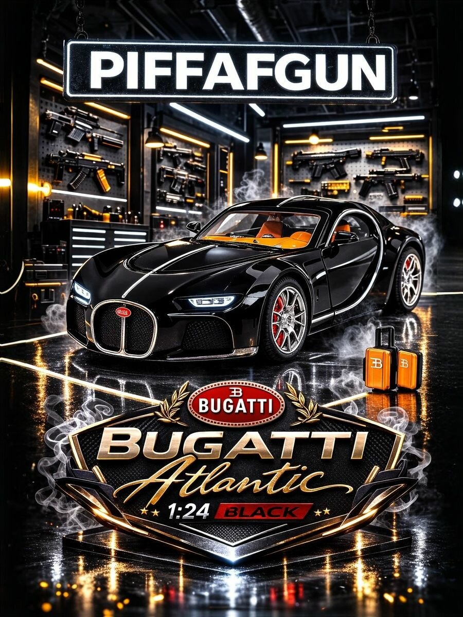 Машинка металлическая Bugatti Atlantic 1:24, чёрная, инерционная, свет и звук